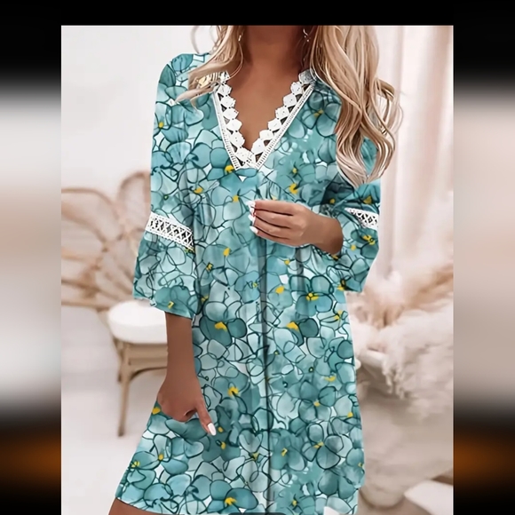 Dresses | Womens Boho Floral Print Dress With Lace Stitching V Neck ...